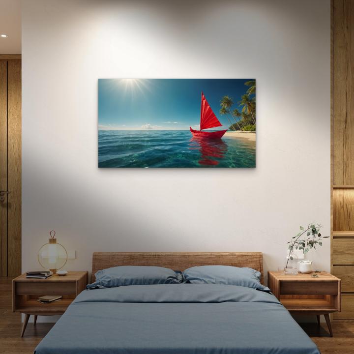 Large Tempered Glass Panel Art - Peaceful Seascape with Origami Boat